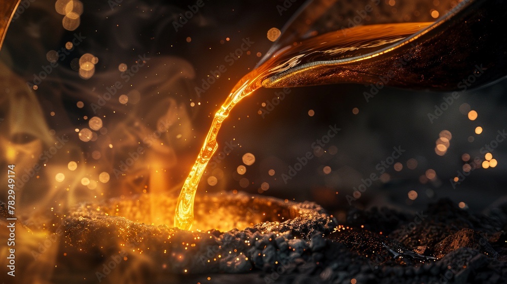 Pouring molten steel, into a socket, close up, glowing orange steel ...