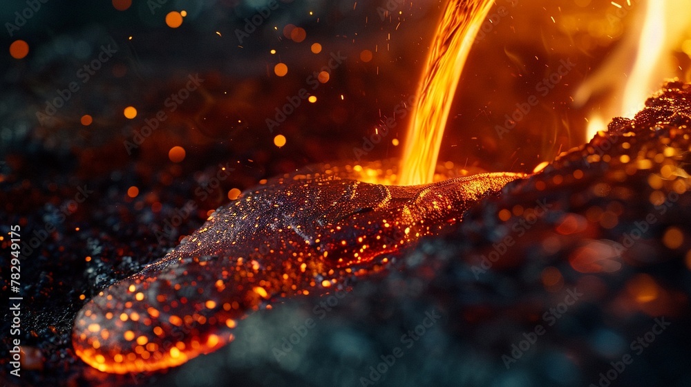 Pouring molten steel, into a socket, close up, glowing orange steel ...
