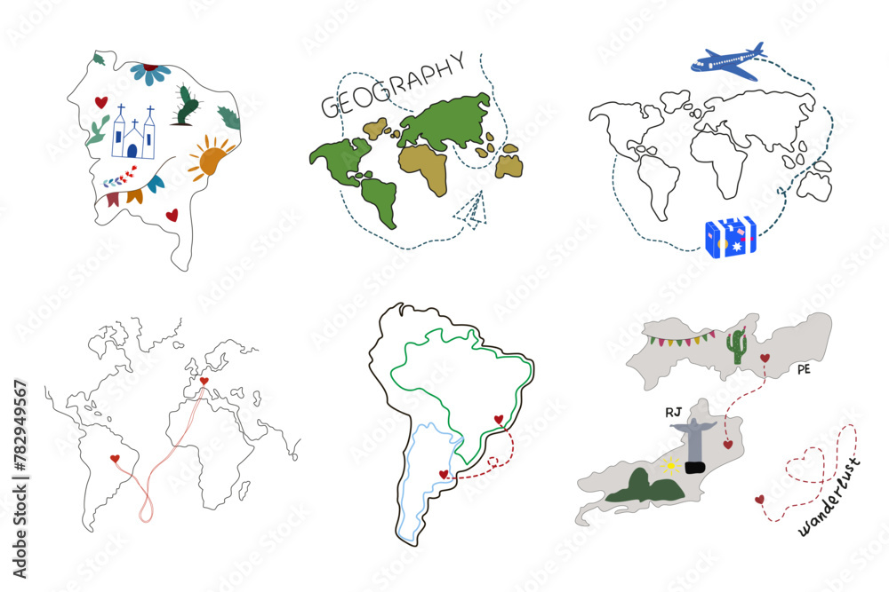 Set of vector linear geography illustration isolated on white ...