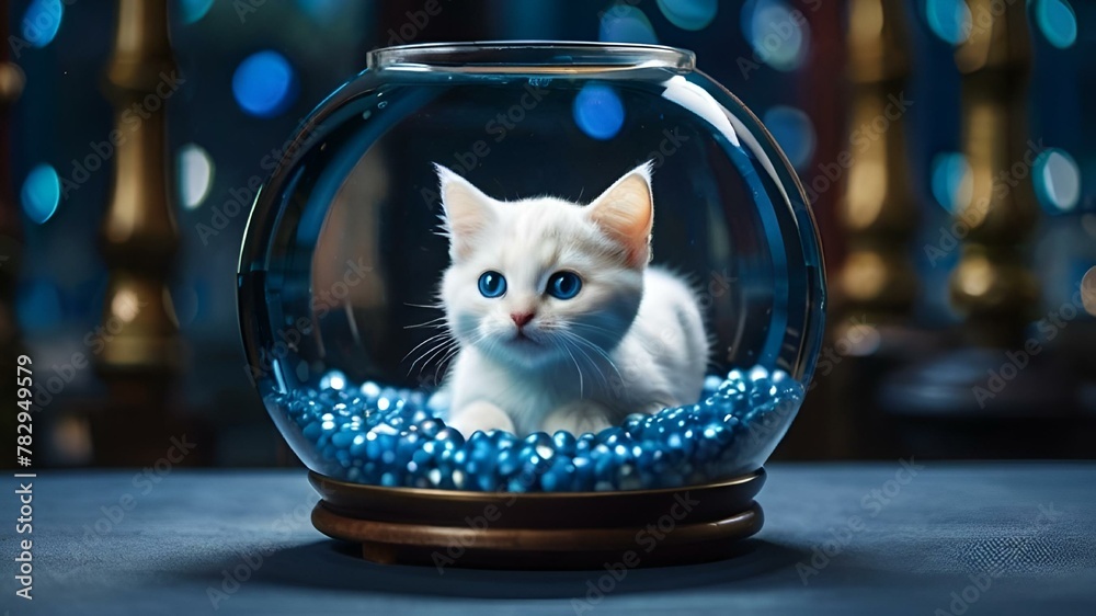 AI generated illustration of A curious cat gazing at a fish in a glass ...