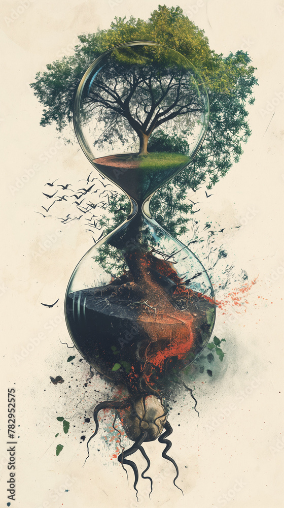 Abstract representation of life's cycle with a tree in hourglass, ideal ...