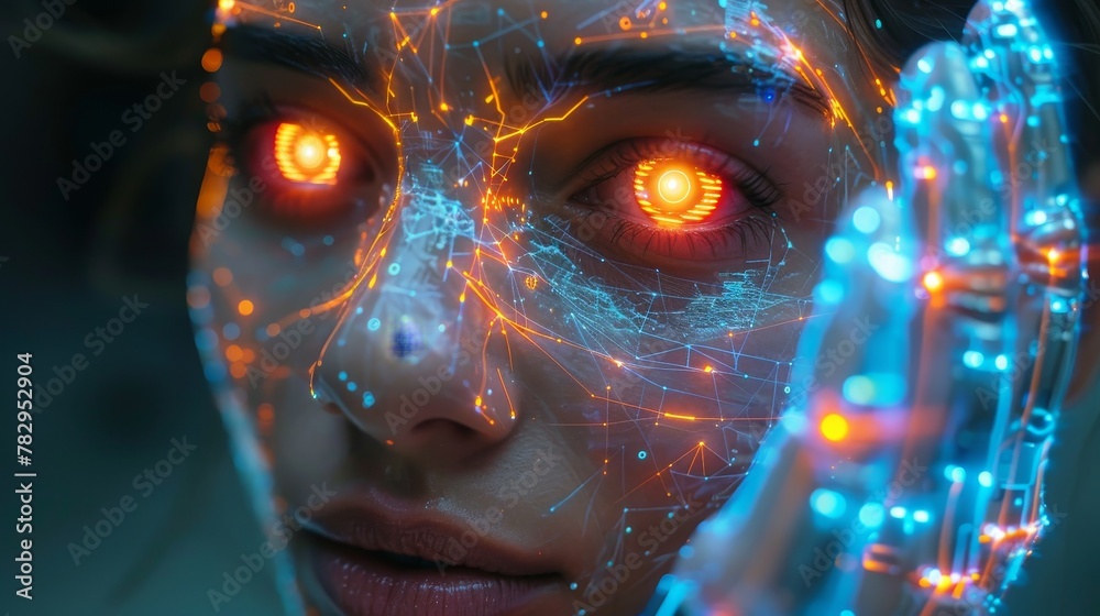 Cyborg with AI holding electronic brain core in hand. Cyborg's face is ...