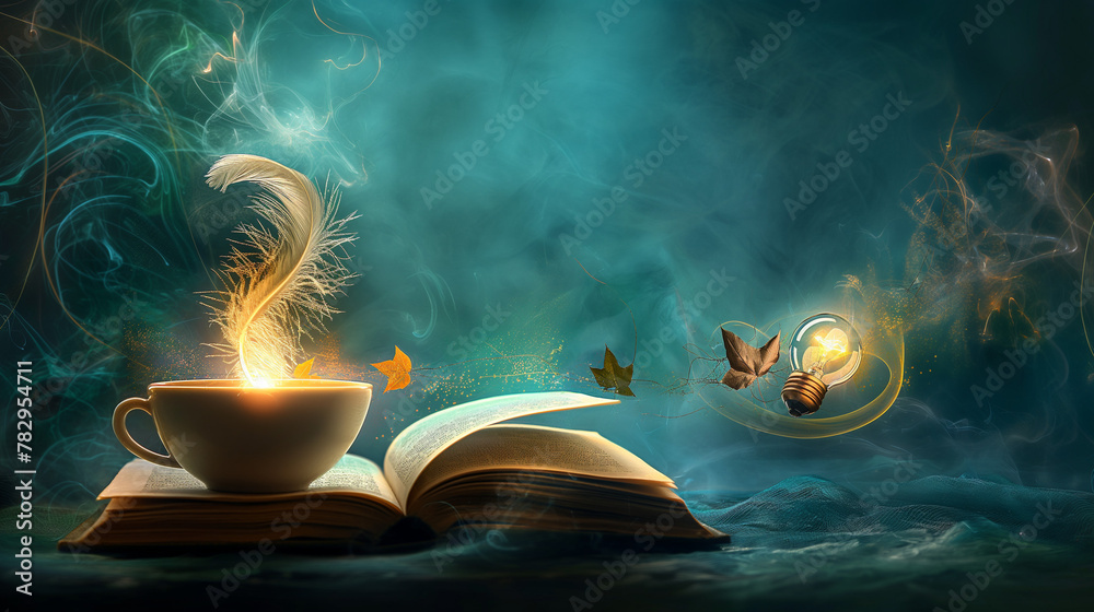Magical still life with book and illuminated cup, a perfect imagery for ...