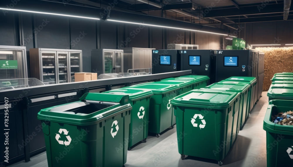 A contemporary waste management facility with labeled recycling bins ...