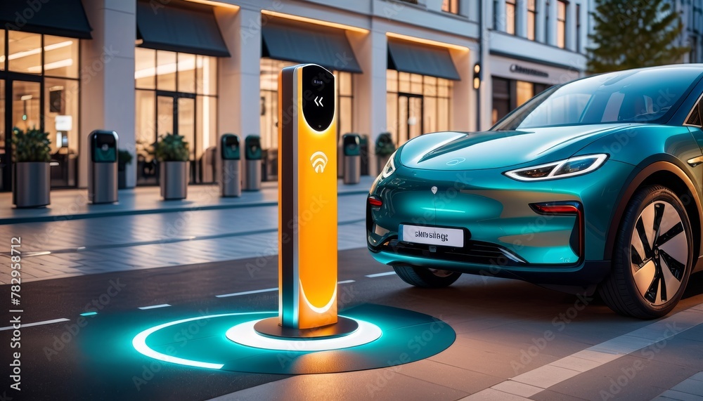 A modern electric vehicle charges at an illuminated docking station ...