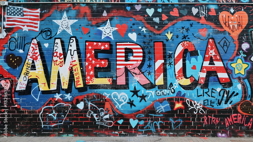 Graffiti brick wall typography words America for 2024 president ...