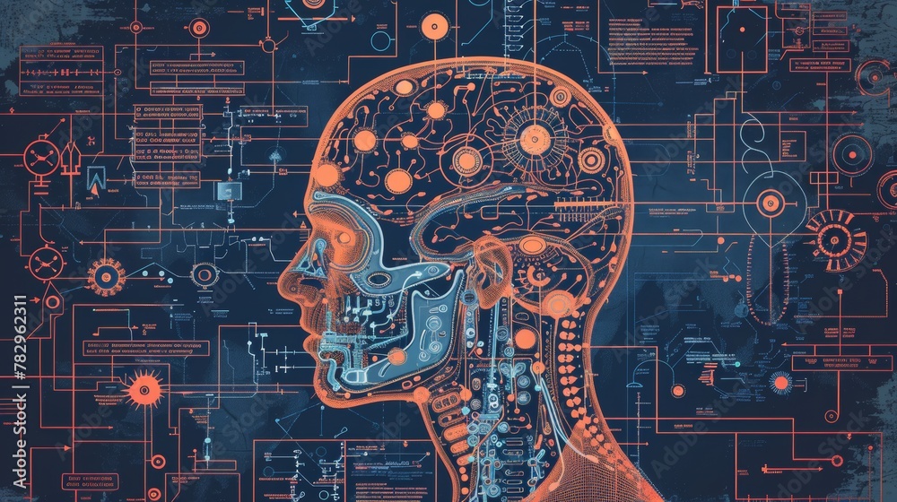 A robot brain diagram with cog wheels and electronic boards, a ...