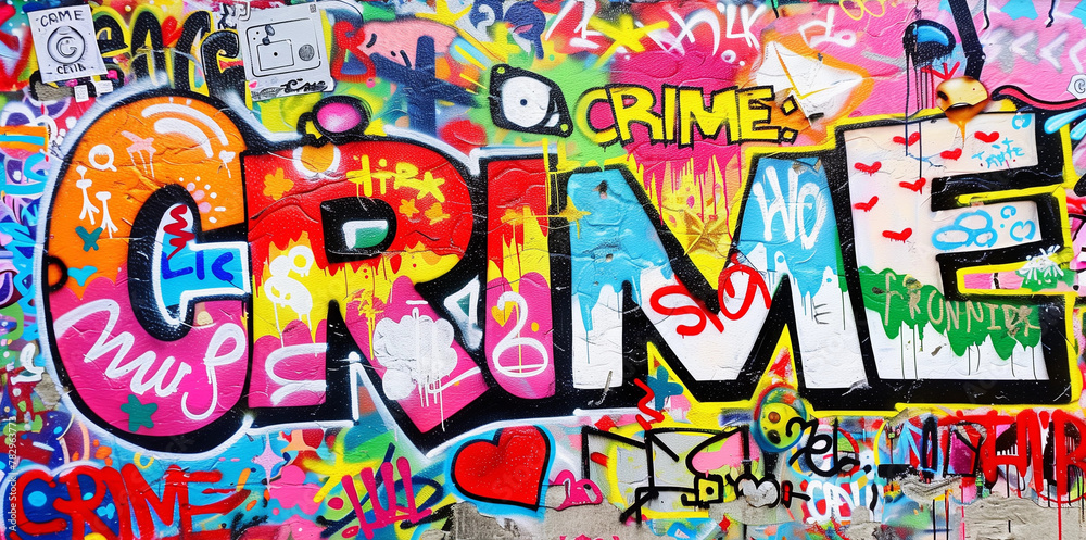 Wall of bright fun spray paint graffiti words Crime urban street art ...