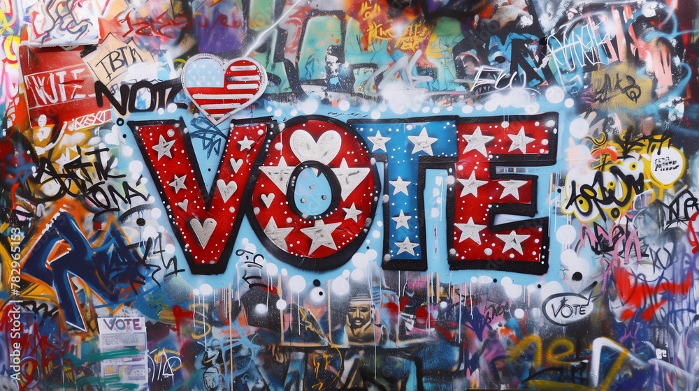 Graffiti typography words Vote red white blue flag stars stripes on ...