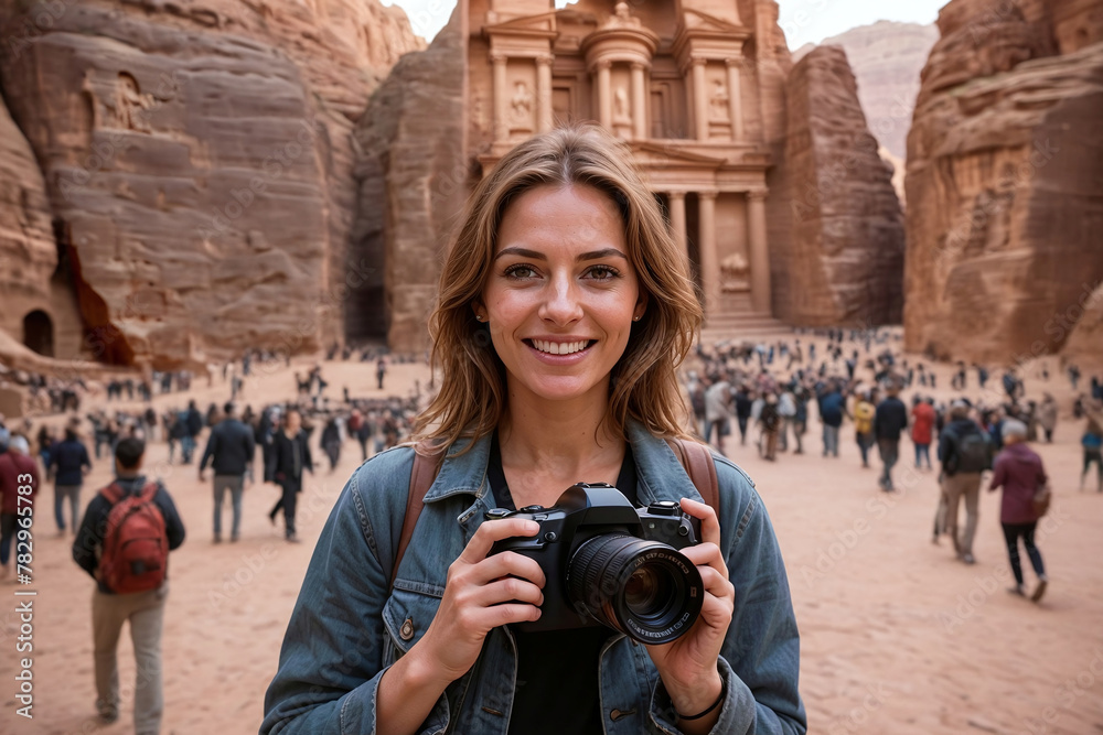 Female tourist photographing ancient tombs and monuments craved into ...