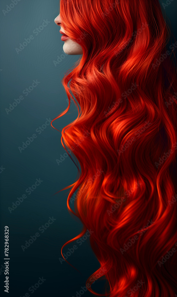 Long wavy fire red hair color swatch one woman face model stylist ...