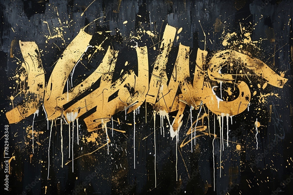 Intricate gold graffiti in a calligraphy style dances across a black ...