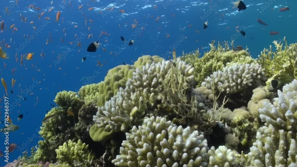 A colorful reef with many fish swimming around. The fish are orange and ...