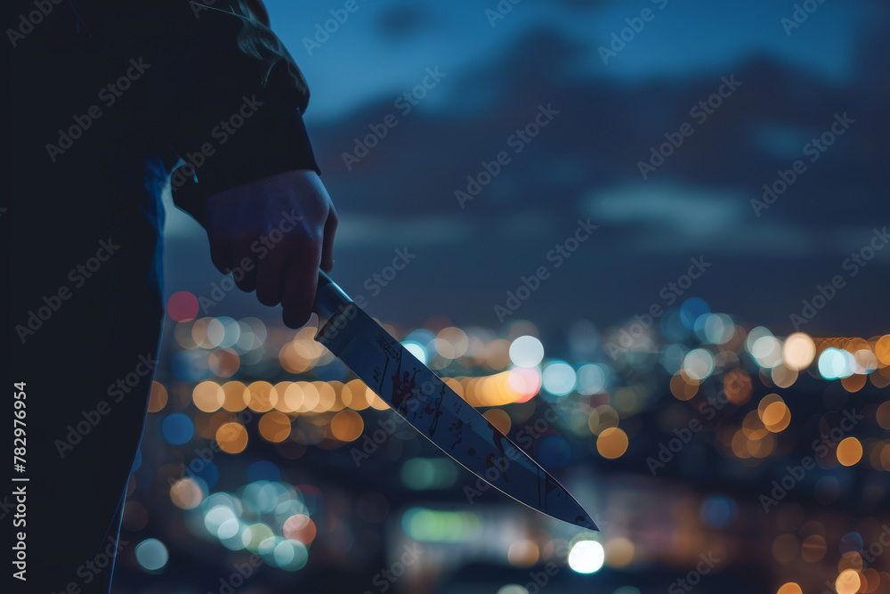 Teenager hand holding knife urban nighttime background: knife crime ...