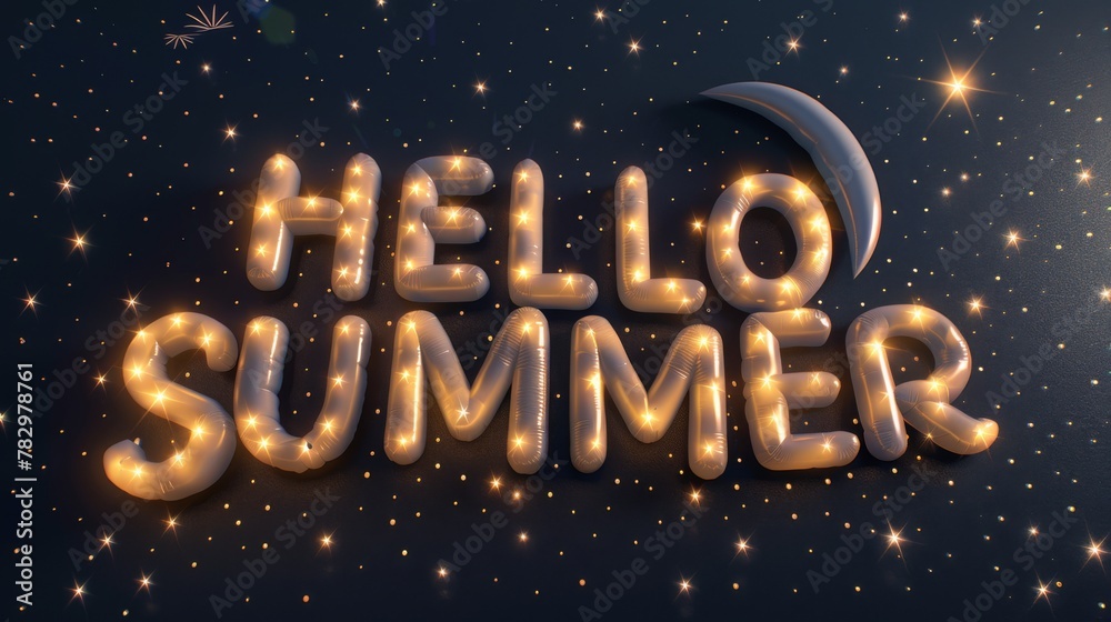 Glowing Hello Summer letters sparkle against a backdrop of night sky ...