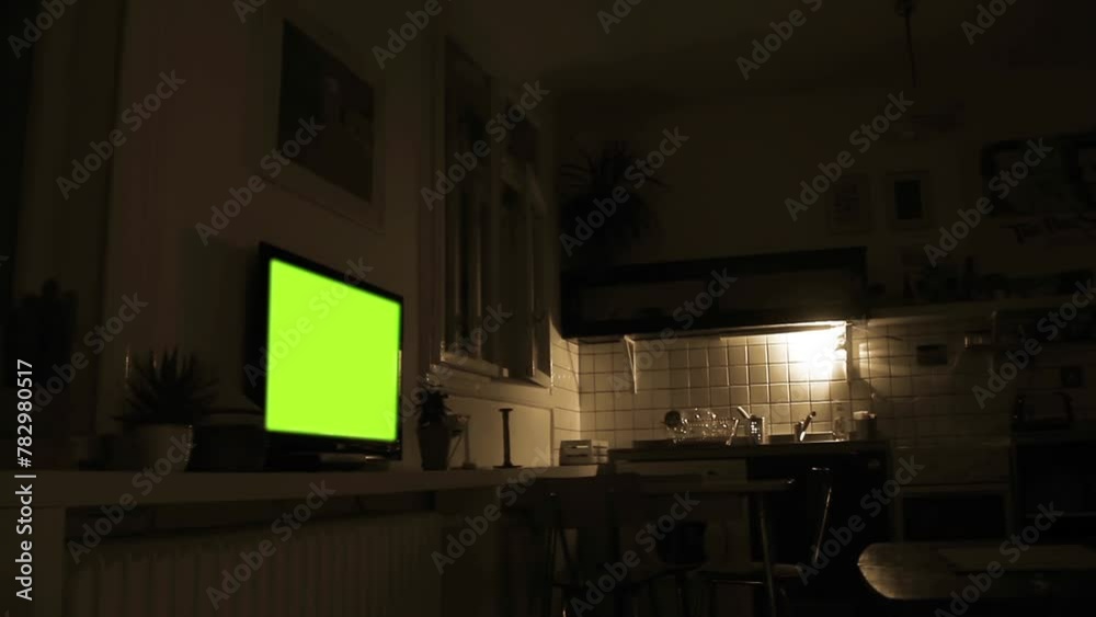 TV with Green Screen in A Dark Kitchen and Dining Room. Sepia Tone. You ...