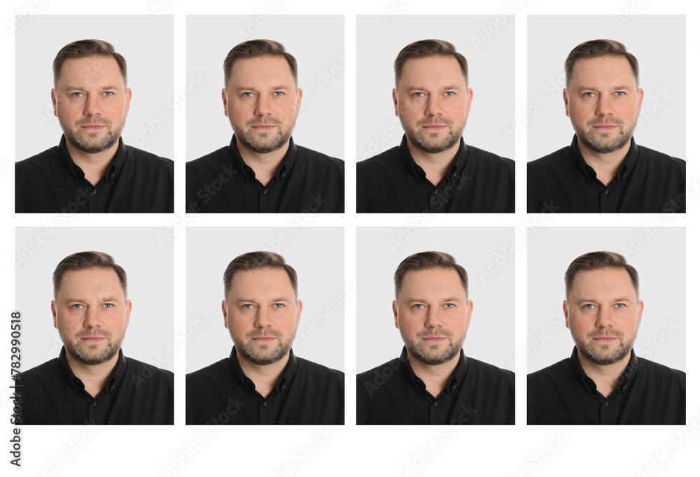 Passport photo, collage. Man on white background, set of photos Stock ...
