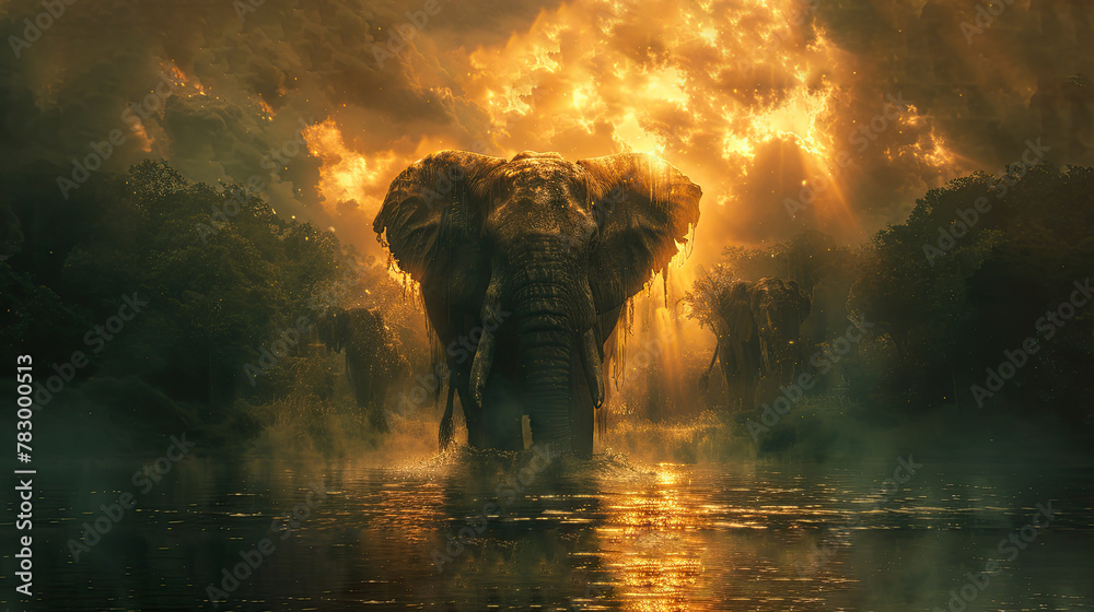 Elephant Emerging from Dense Fog in a Mystic Forest, Illuminated by ...
