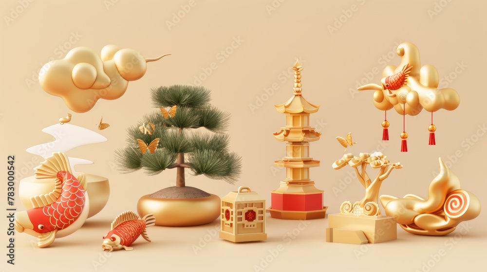 Set of 3d auspicious CNY elements isolated on a beige background ...