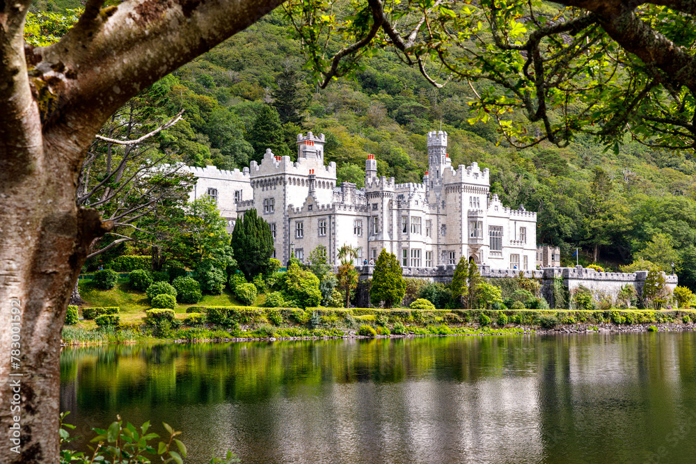 Kylemore Abbey with water reflections in Connemara, County Galway ...