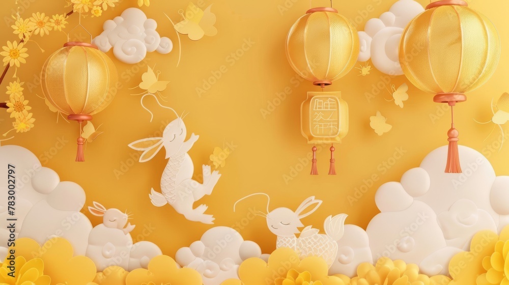 Chinese greeting card with tiny rabbits stepping on clouds performing ...