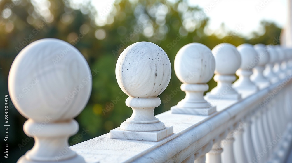 Balustrades architectual, white balusters on railing, macro focus on ...