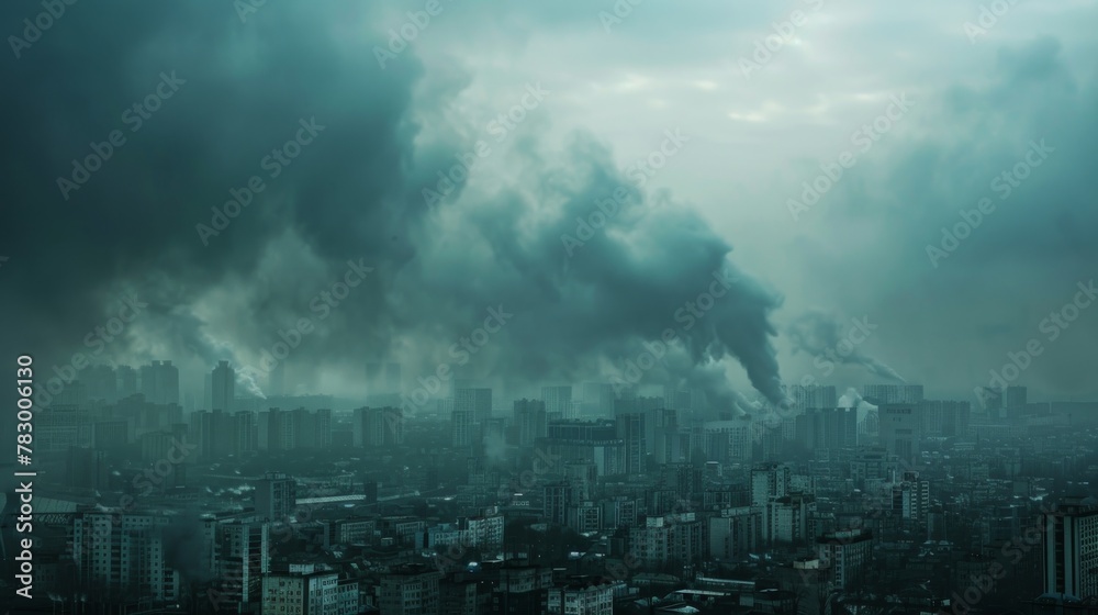 Dark clouds of smog looming over a crowded urban landscape, hinting at ...
