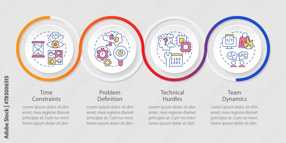 Hackathon challenges loop infographic template. Tech event problems. Data visualization with 4 ...