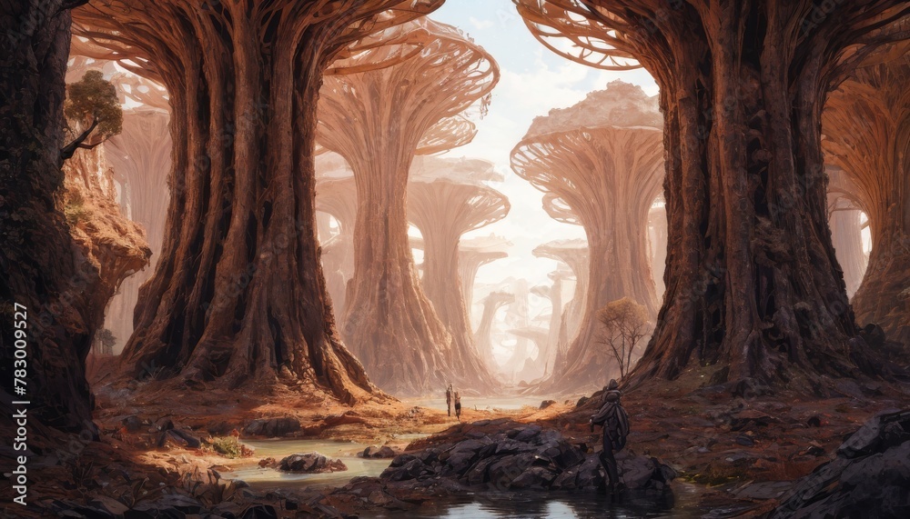 An enchanting forest landscape featuring colossal baobab-like trees ...