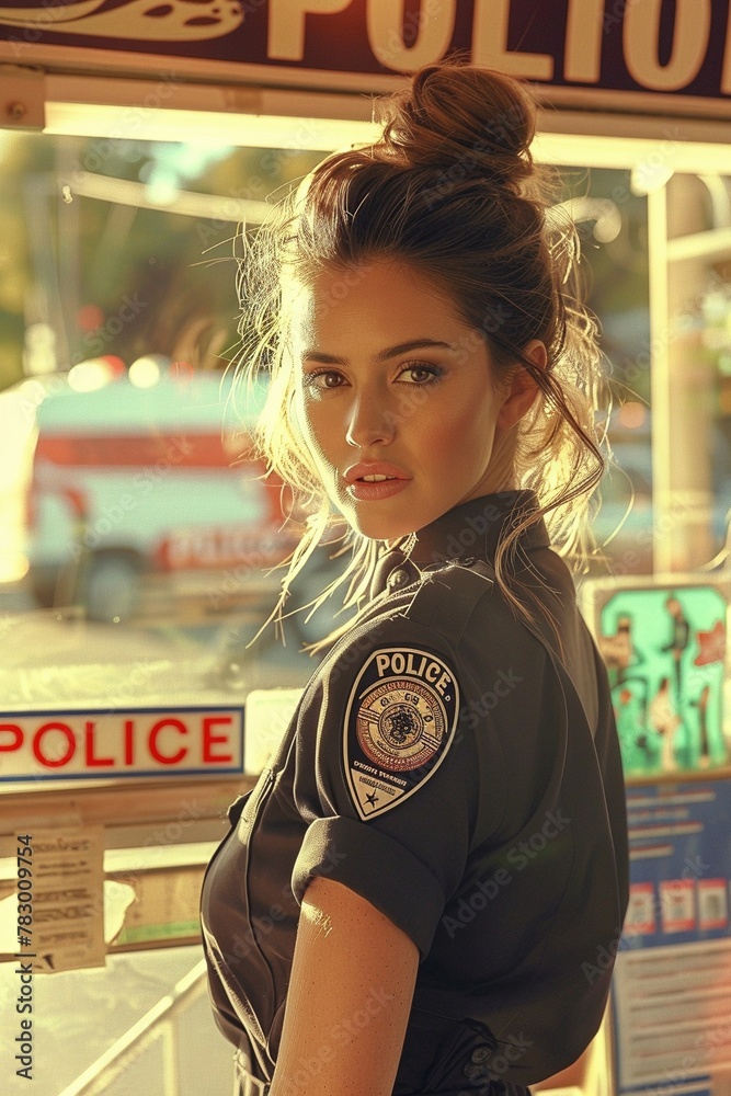 vintage police station bathed in warm sunlight. A beautiful woman with ...