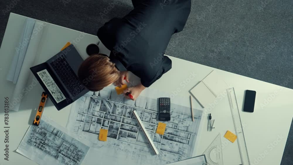 Top view of manager using ruler to measure project plan while looking ...