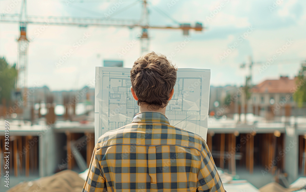 Construction expert analyzing building blueprints, viewed from behind ...