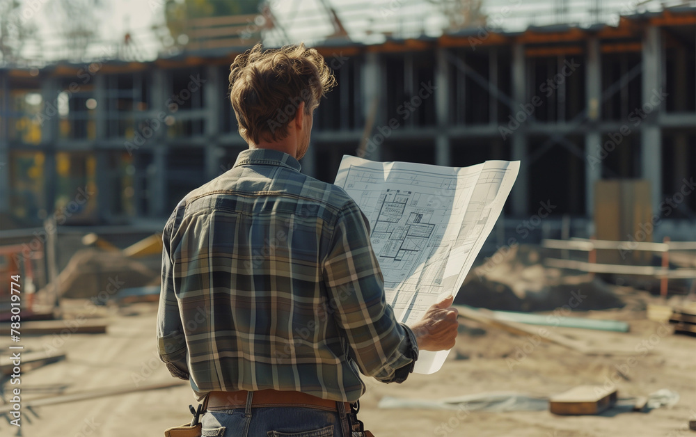 Construction expert analyzing building blueprints, viewed from behind ...