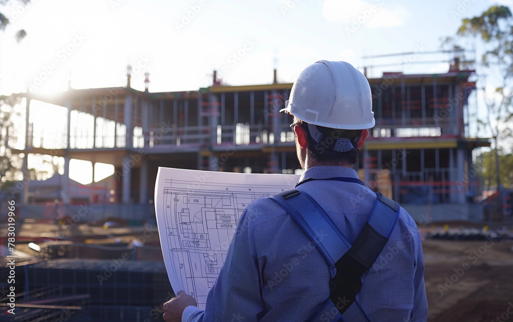 Construction expert analyzing building blueprints, viewed from behind ...