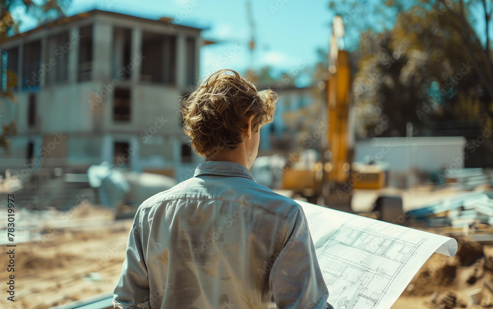 Construction expert analyzing building blueprints, viewed from behind ...