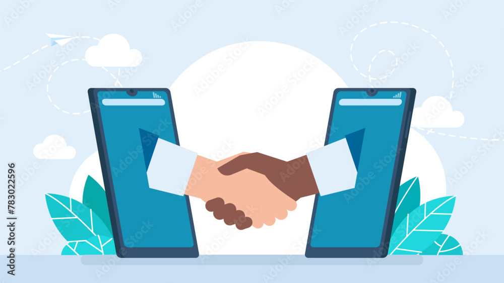 Handshake through smartphone of two men of different races. Handshaking ...