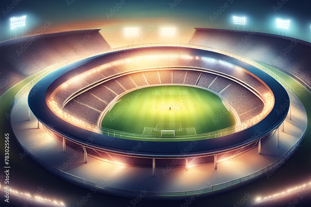 Fish eye photo of oval sports stadium above view with floodlights hyper ...