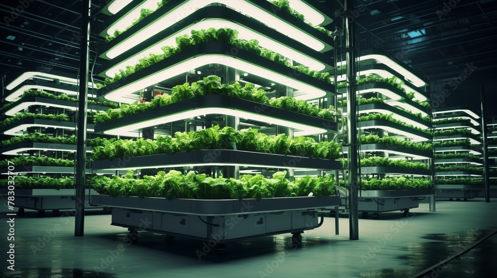 Conceptual image of a smart vertical farm with automated irrigation and ...