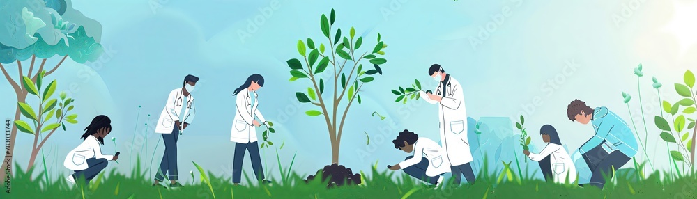 Healthcare professionals planting trees, illustrating the connection ...