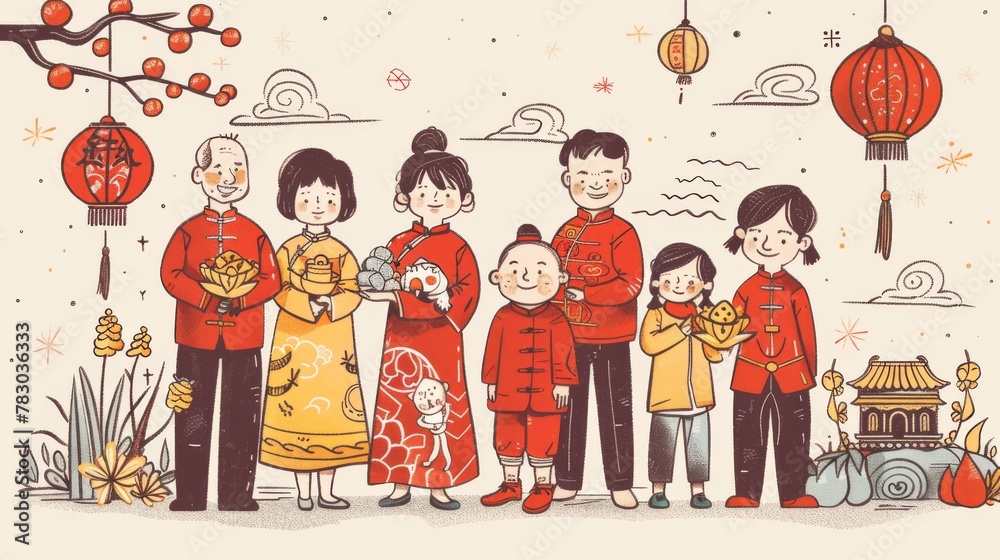 CNY elements drawn by hand. Asian family members, wealth decorations ...