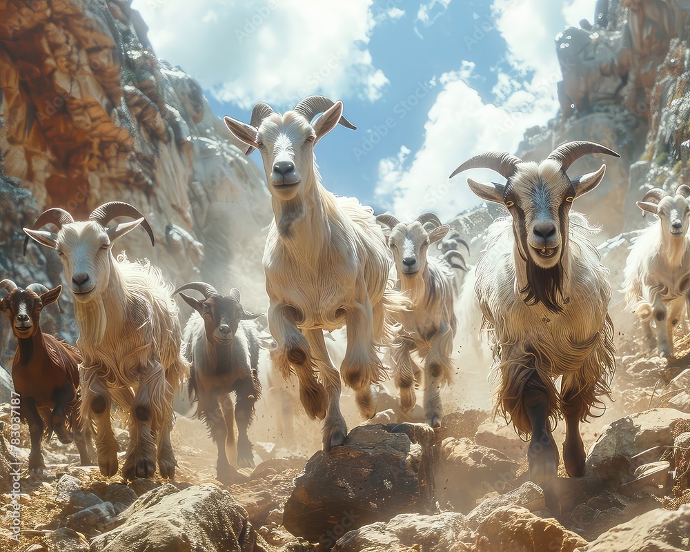Under a cloudy sky, a dynamic herd of goats charges through a rugged ...