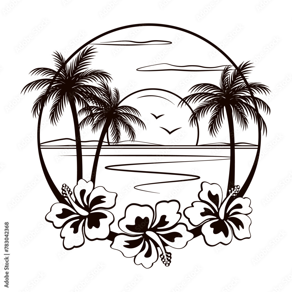 Tropical beach with beautiful sunset view and palm trees, sketch style ...
