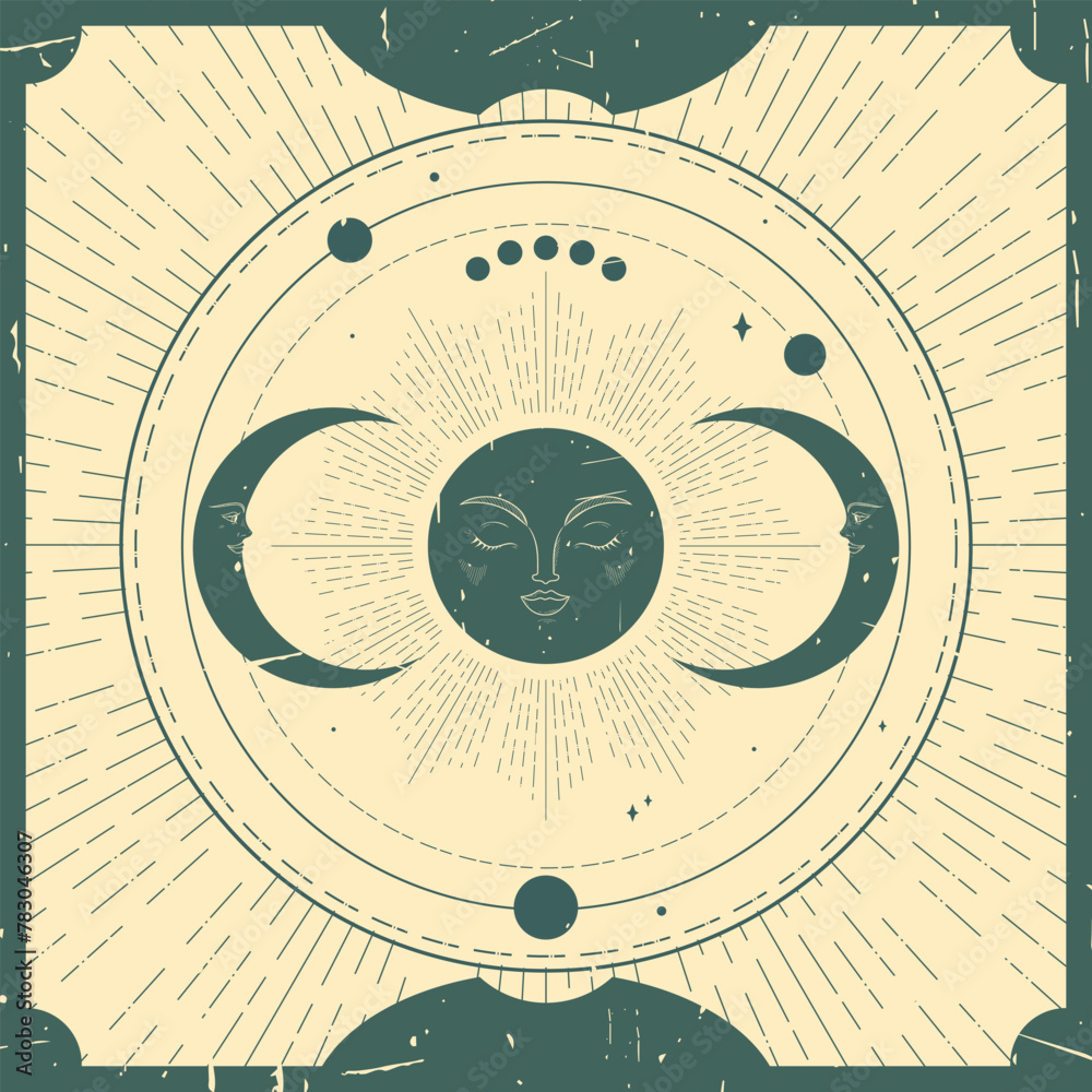 Celestial background with a sun and crescents. Spiritual chart, magic ...