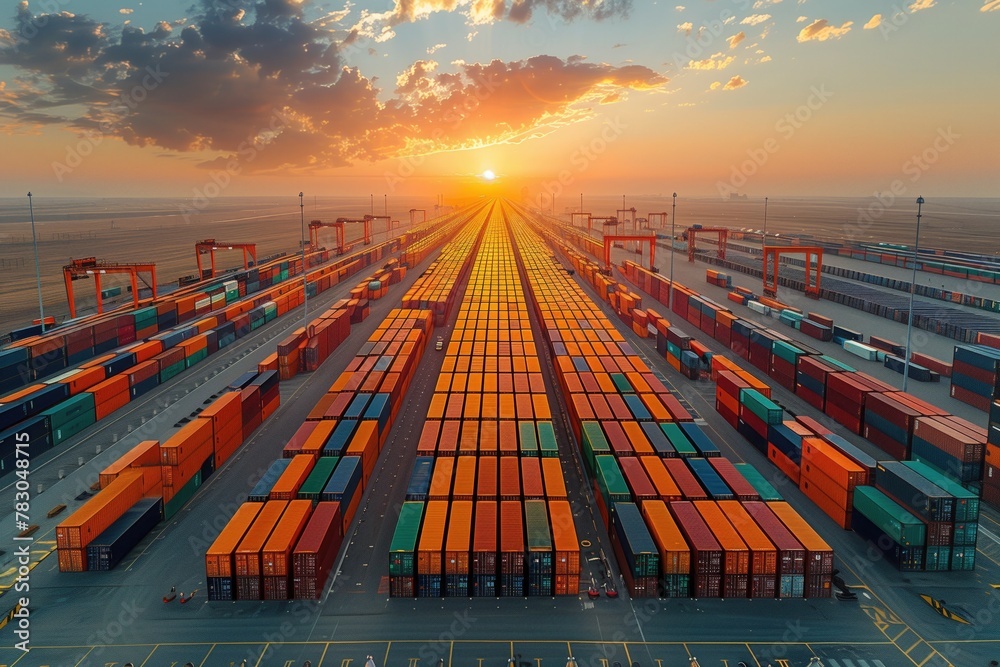 An aerial view of a sprawling logistics center, with rows upon rows of ...