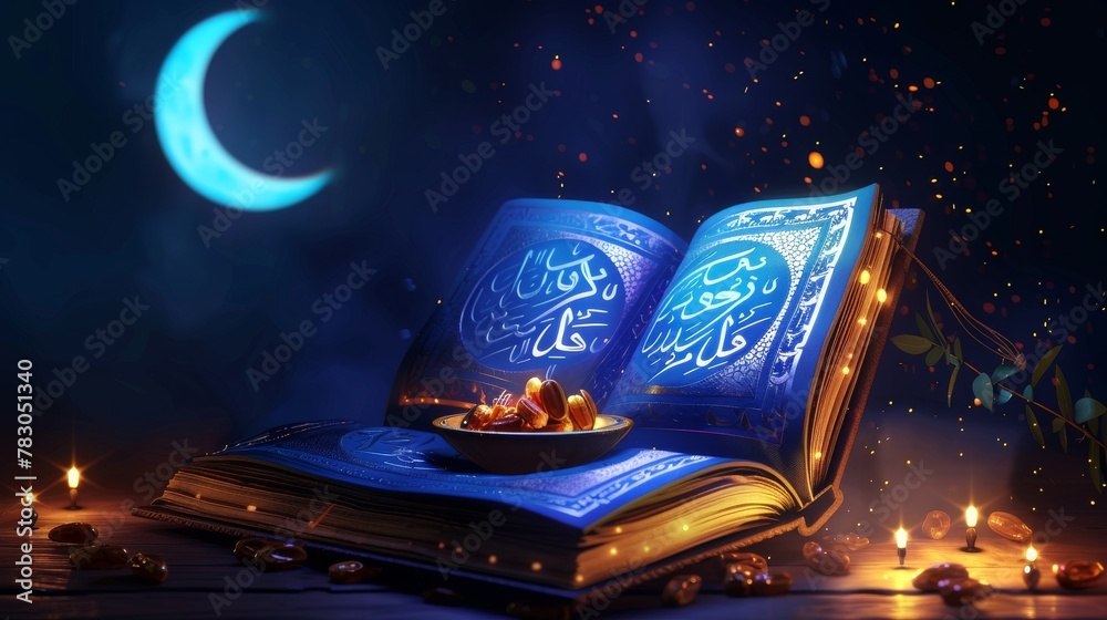 A beautiful dark blue Ramadan card featuring a glowing Quran box inside ...