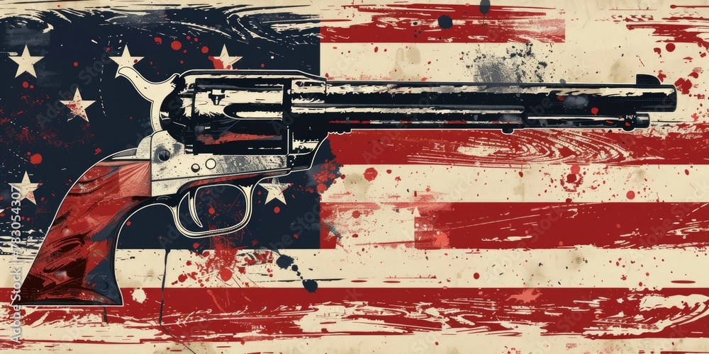 Loaded Pistol with Bang Flag. Illustration of Revolver Gun and Colorful Bang Flag on Barrel ...