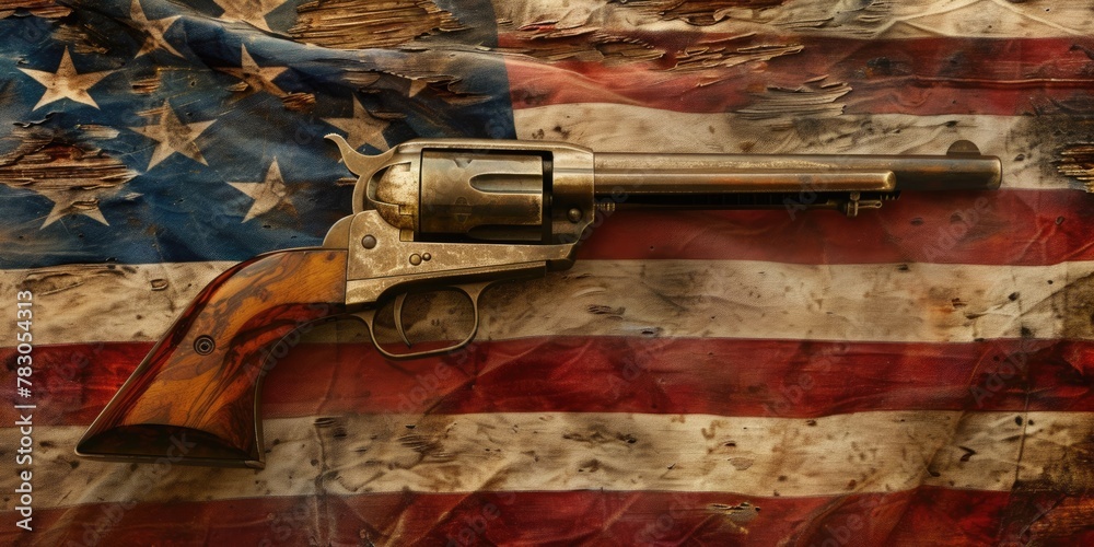 Loaded Pistol with Bang Flag. Revolver Barrel with Red Bang Flag ...