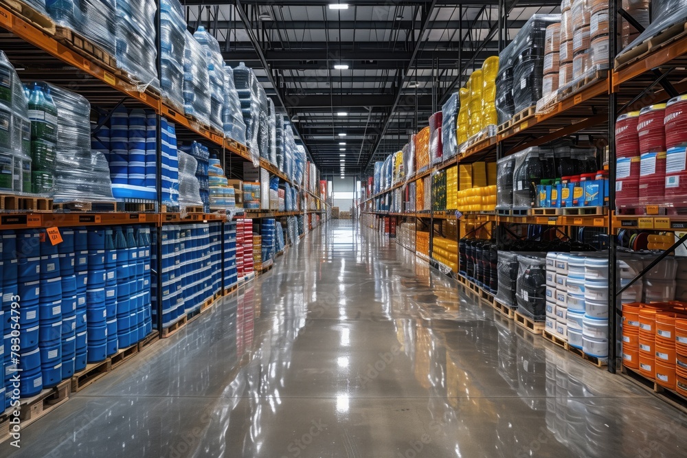 Tall storage racks tower overhead, filled with bins and containers of ...