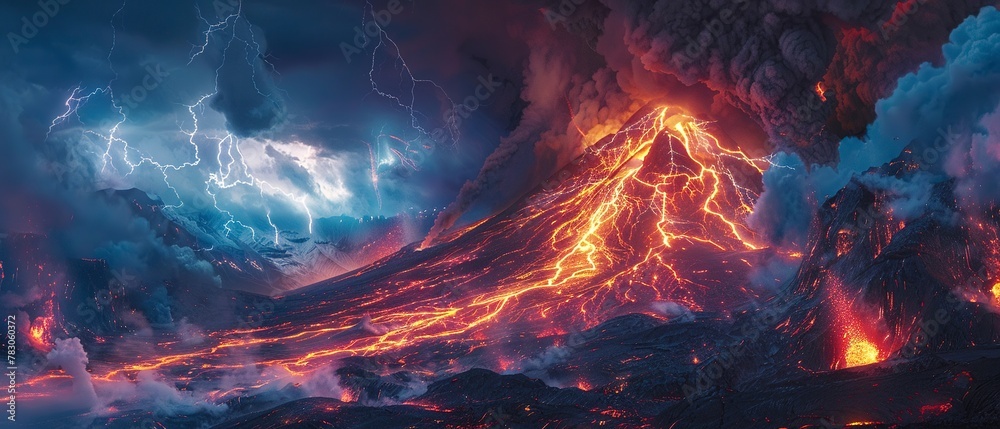 Volcanic lightning, close up, sharp strikes, dramatic contrast, night ...