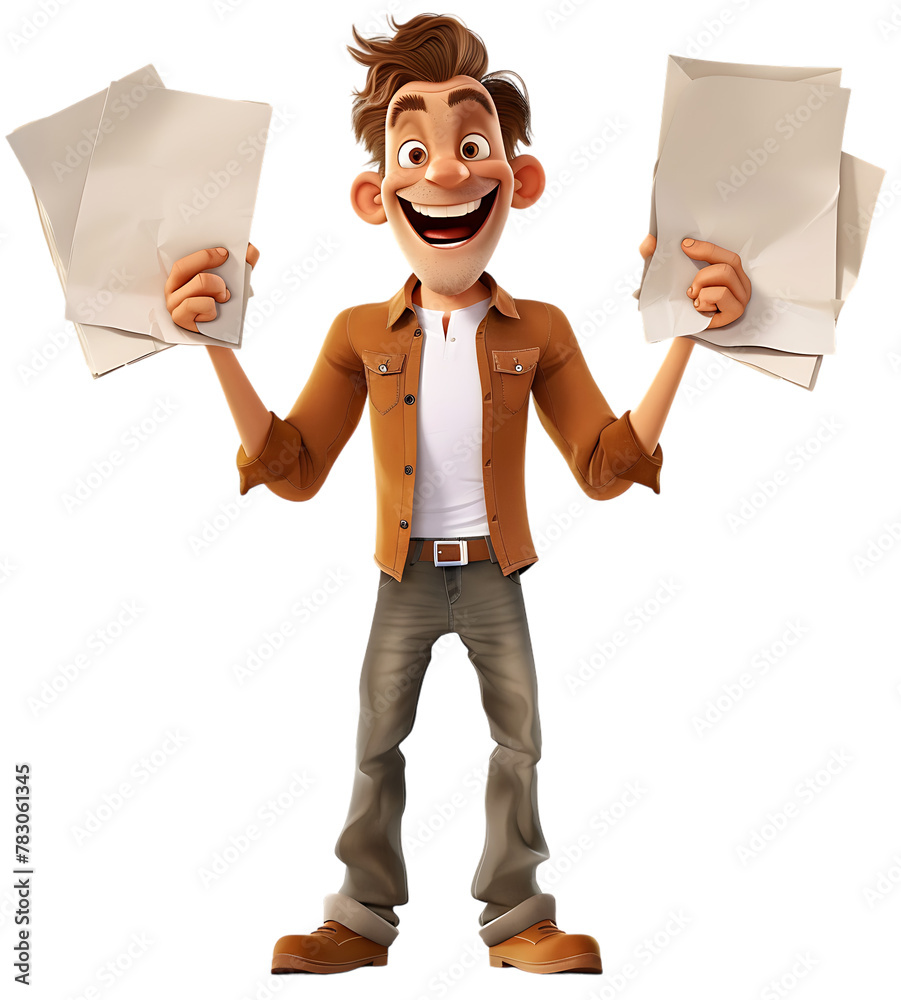 A 3D animated character of a man holding papers. He is smiling and has ...